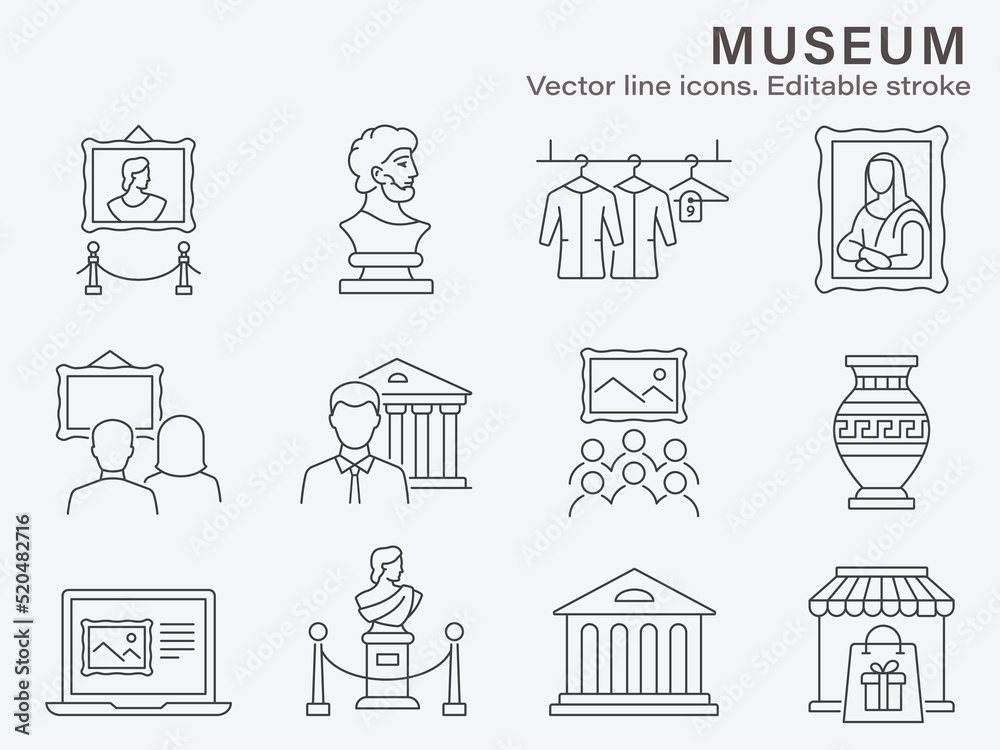 Museum icon set. Collection of statue, history, antique, gallery and ...