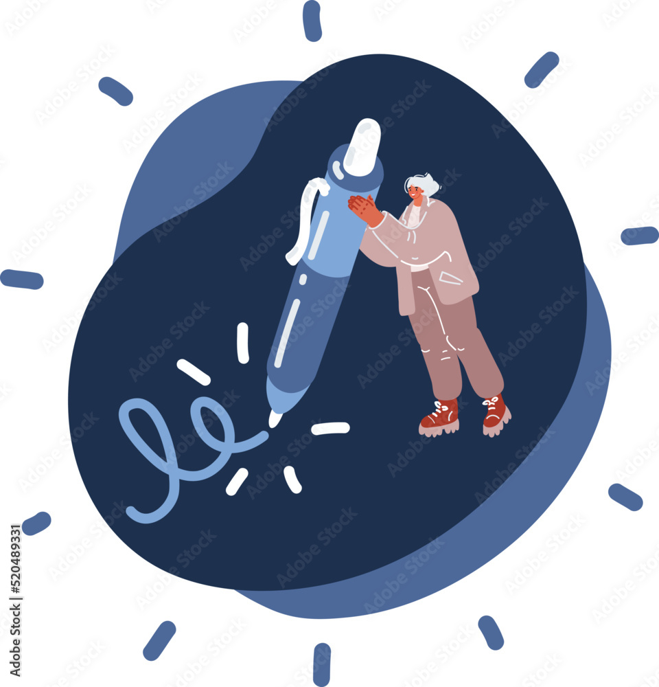 Cartoon vector illustration. Woman with big giant pencil. Signature ...