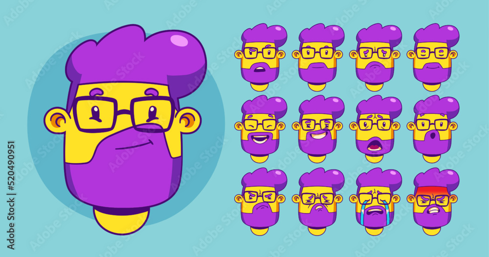 Bearded young man in eyeglasses contemporary cartoon set. Vector ...