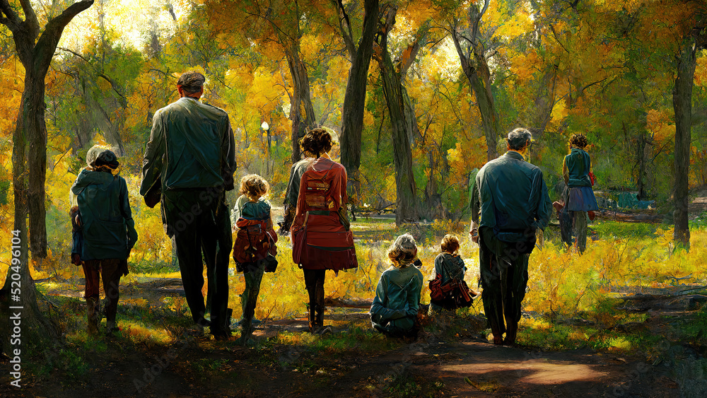 Family with children from behind on a walk Stock Illustration | Adobe Stock