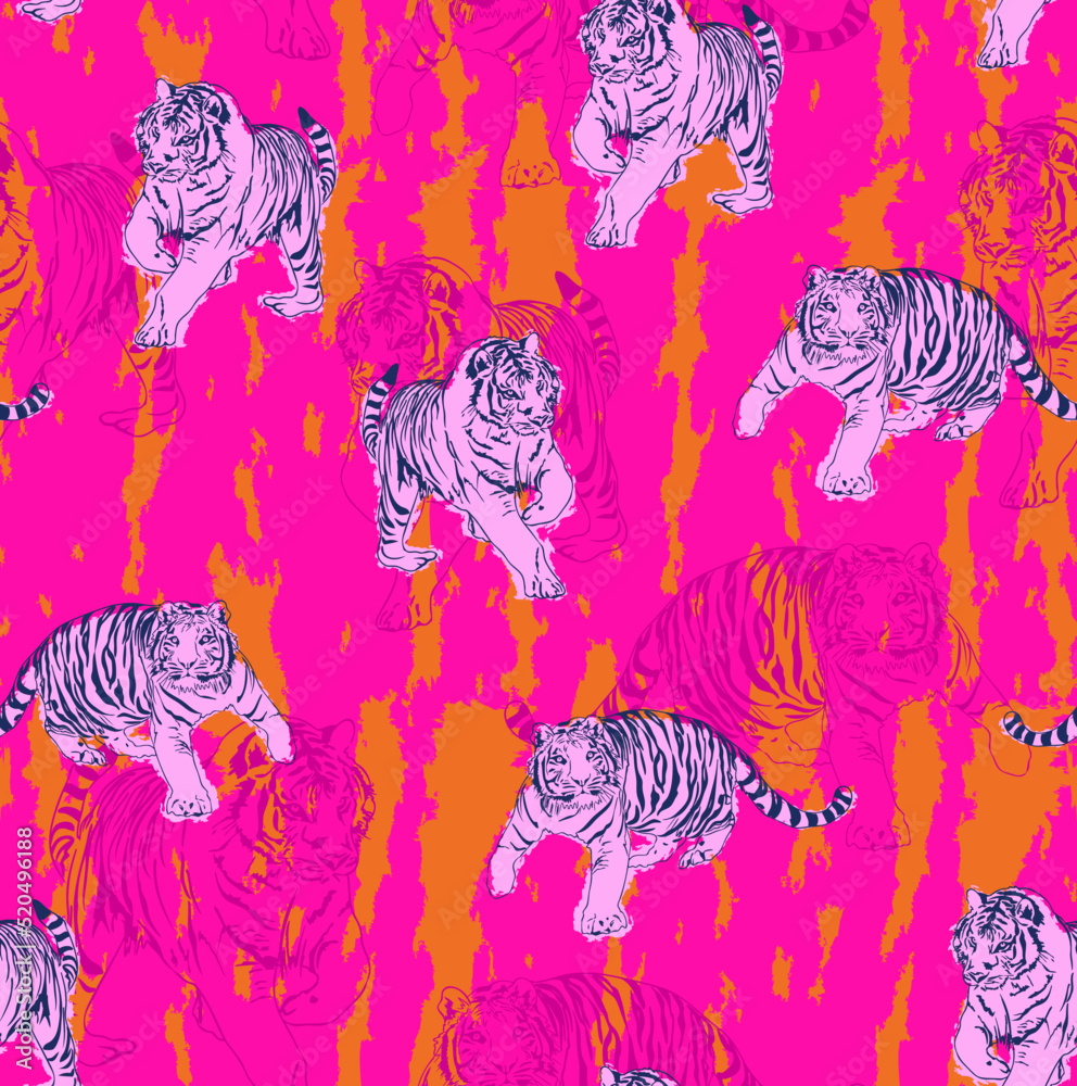 Tiger Outline illustration Art Pink color On Vivid Background Wallpaper ...