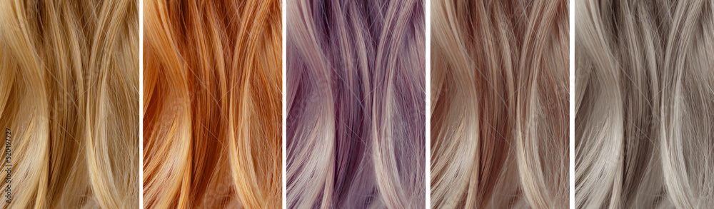 Colour swatches for hair dye. Hair colour palette with a variety of ...