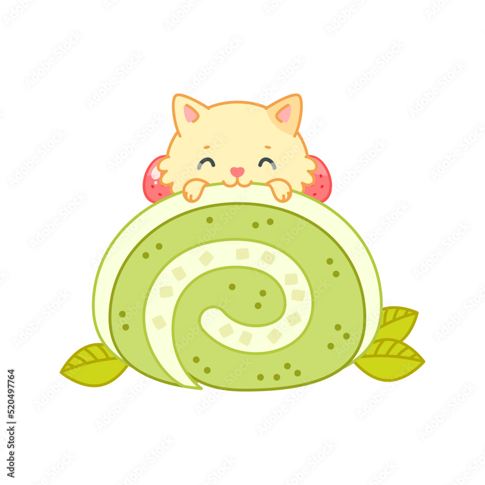 Cute cat and an oriental matcha green tea dessert. Flat cartoon ...