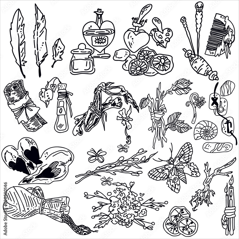 Vector set of hand drawn magical occult elements in graphic style ...