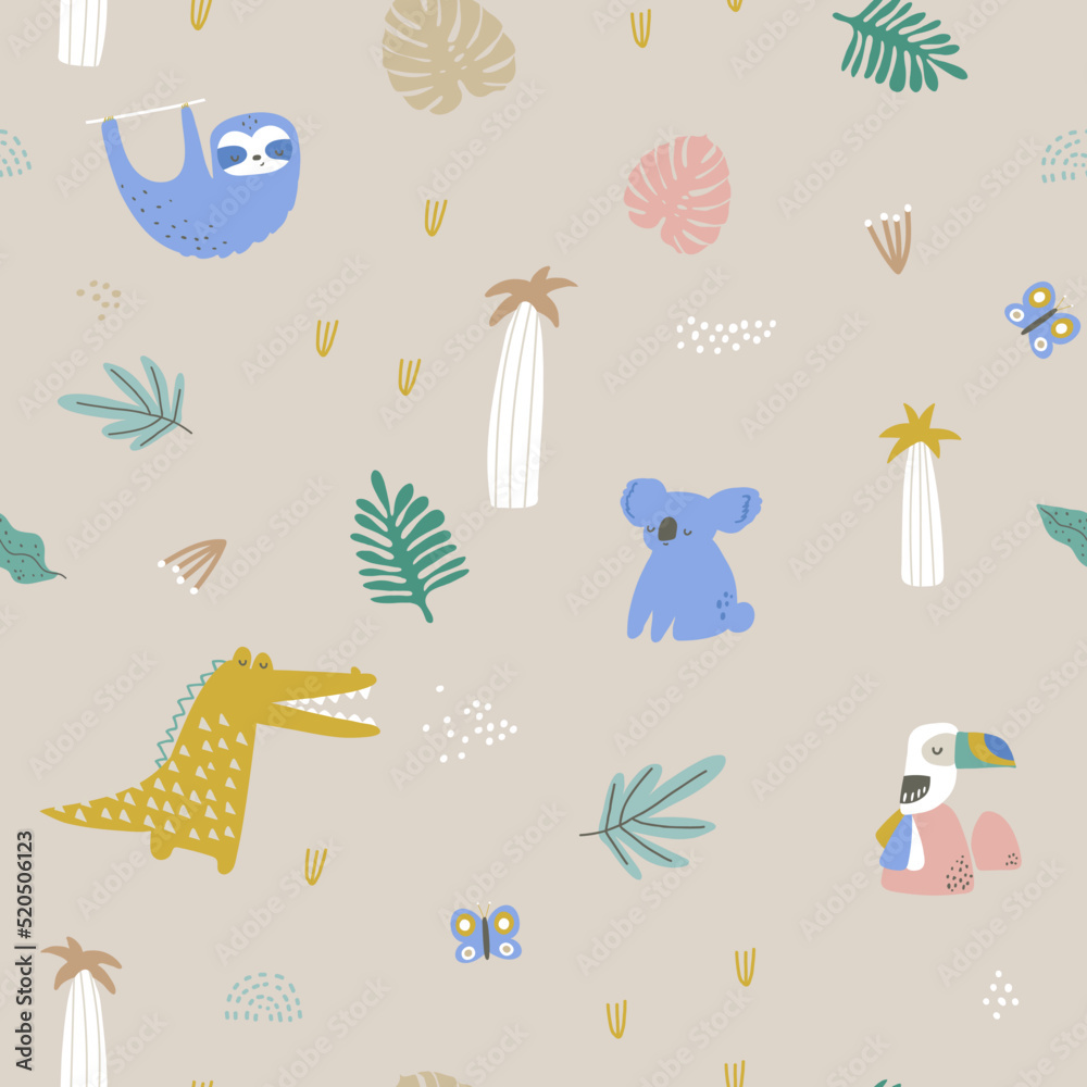 Seamless childish jungle pattern with aligator, koala, crocodile ...