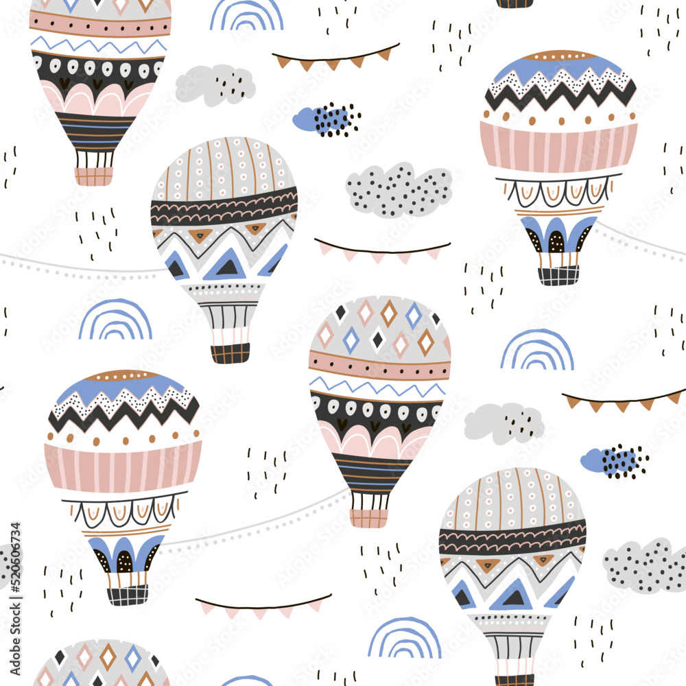 Seamless hand drawn pattern with hot air ballons, clouds. Trendy modern ...
