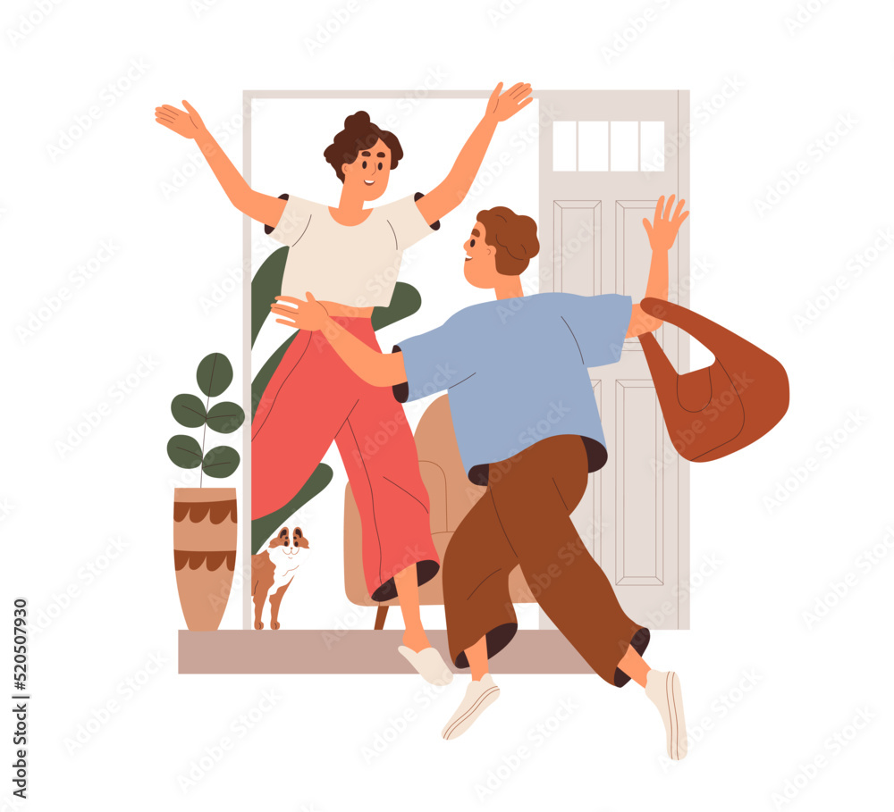 Man returning home. Happy woman meeting husband at open house door ...