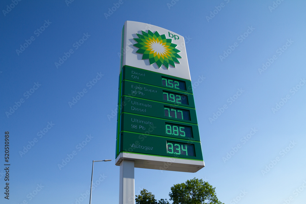 BP sign outside a petrol station. British Petroleum oil company logo at ...
