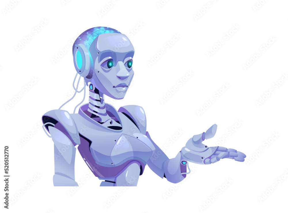 Lady robot, sci fi cyber girl gesture hand and point. Vector woman ...