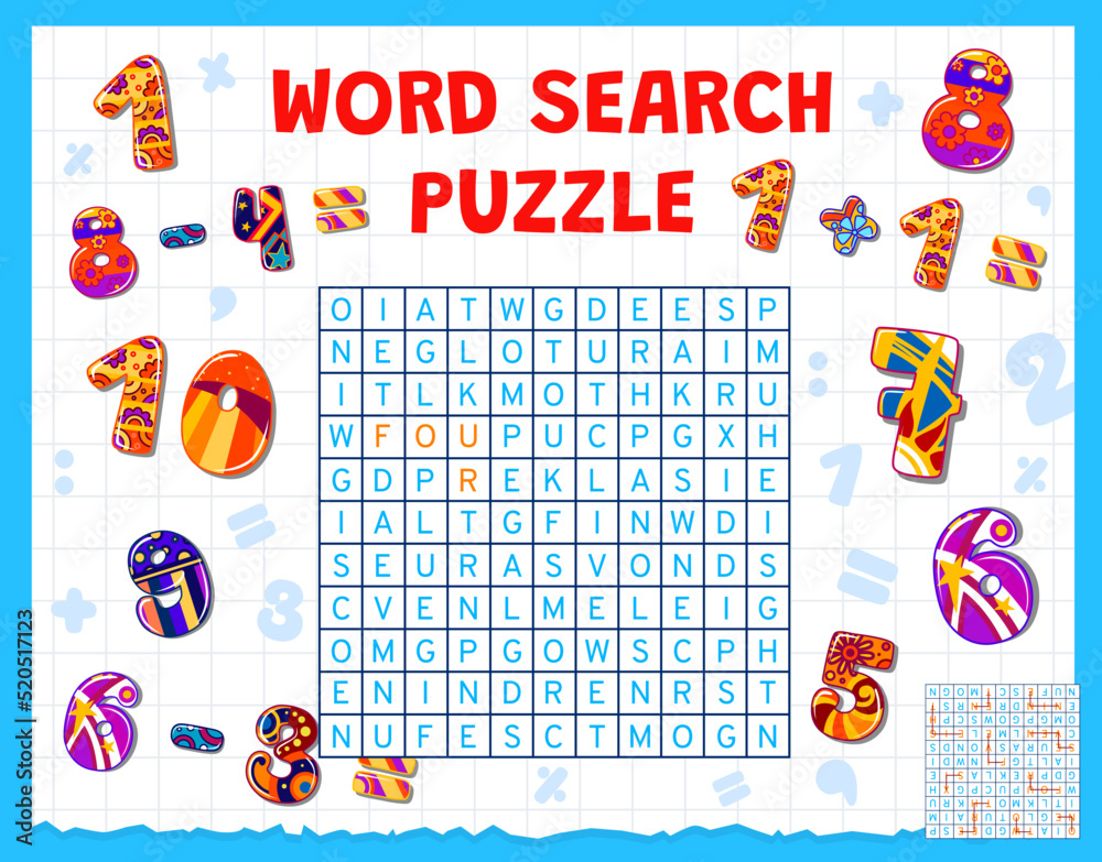 Math numbers and digits word search puzzle game worksheet. Vector word ...