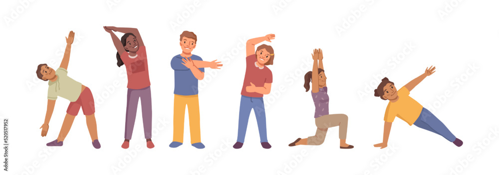 Kids and parents doing exercises together isolated flat cartoon ...