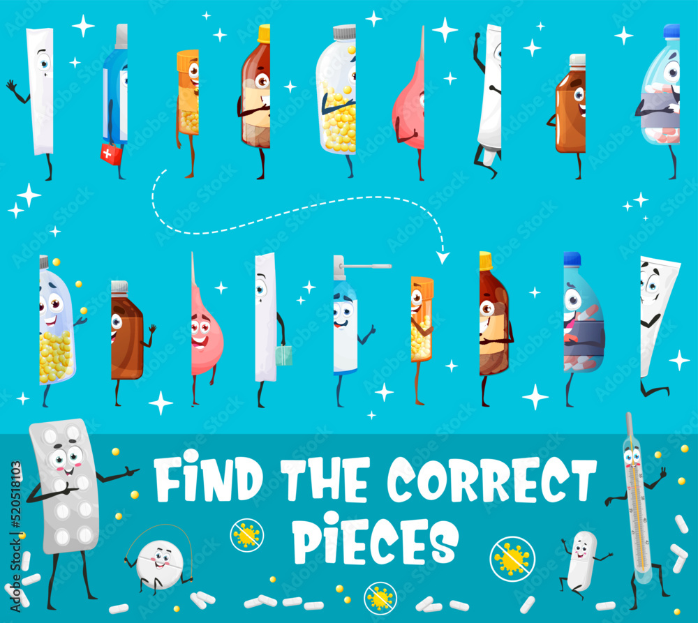 Find correct pieces, game worksheet with cartoon drugs, pills and ...