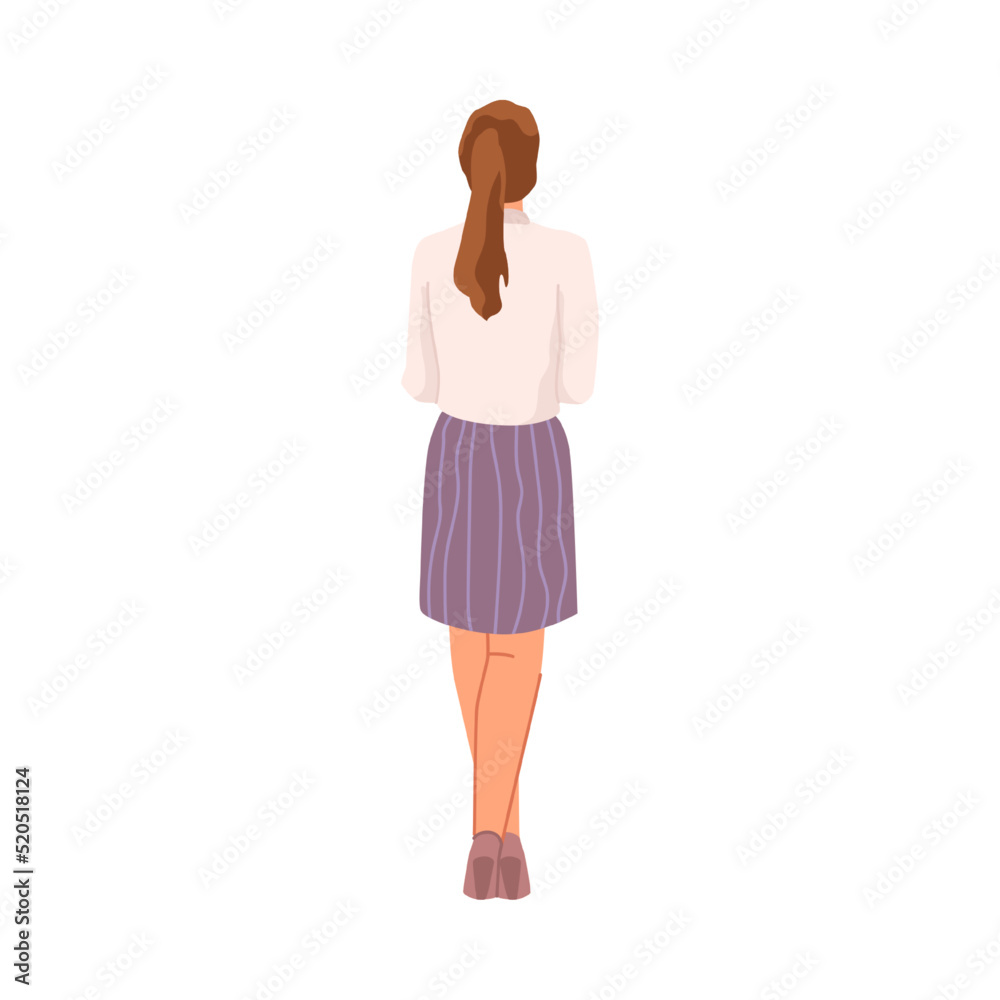 Young woman view from back, isolated flat cartoon character on white ...