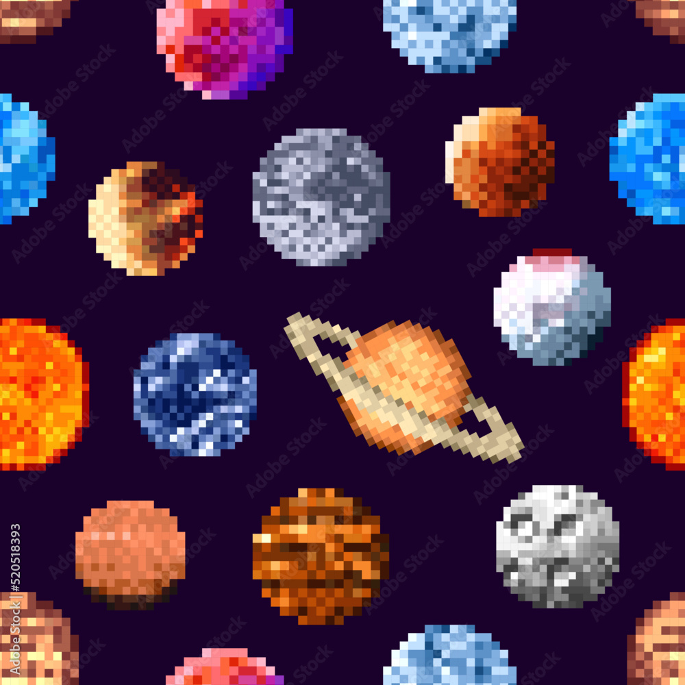 8bit pixel art space planets and stars seamless pattern, vector ...