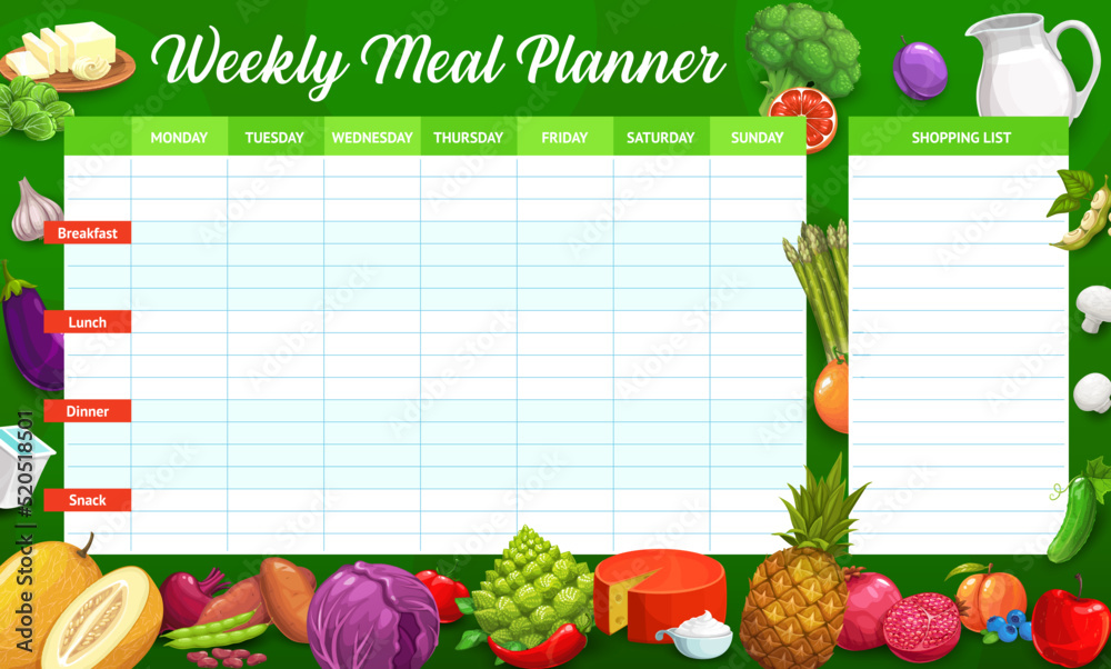 Cartoon fruits and vegetables weekly meal planner schedule, organizer ...
