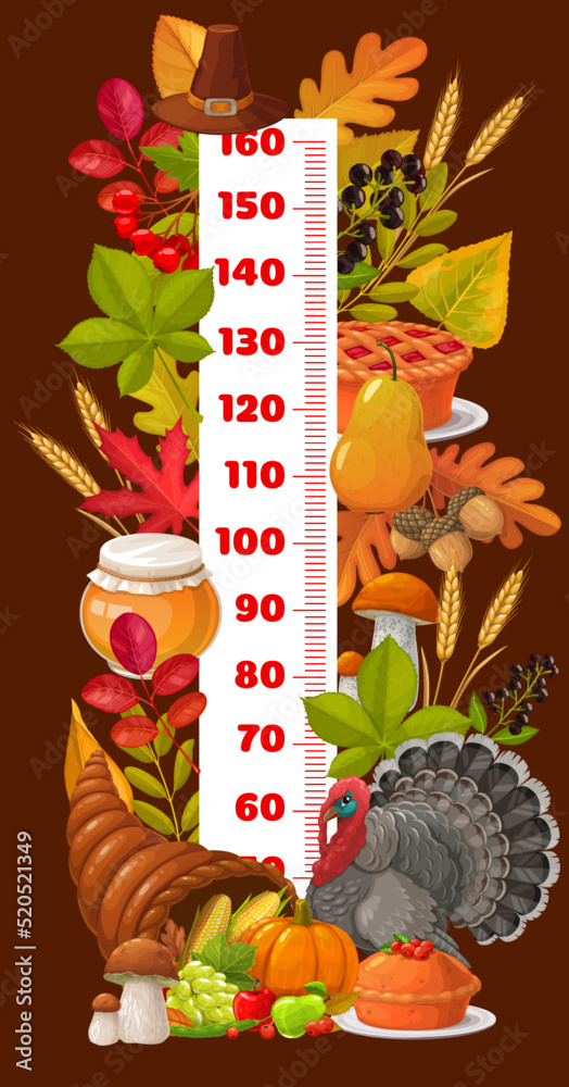 Kids height chart meter with Thanksgiving turkey, autumn harvest and ...