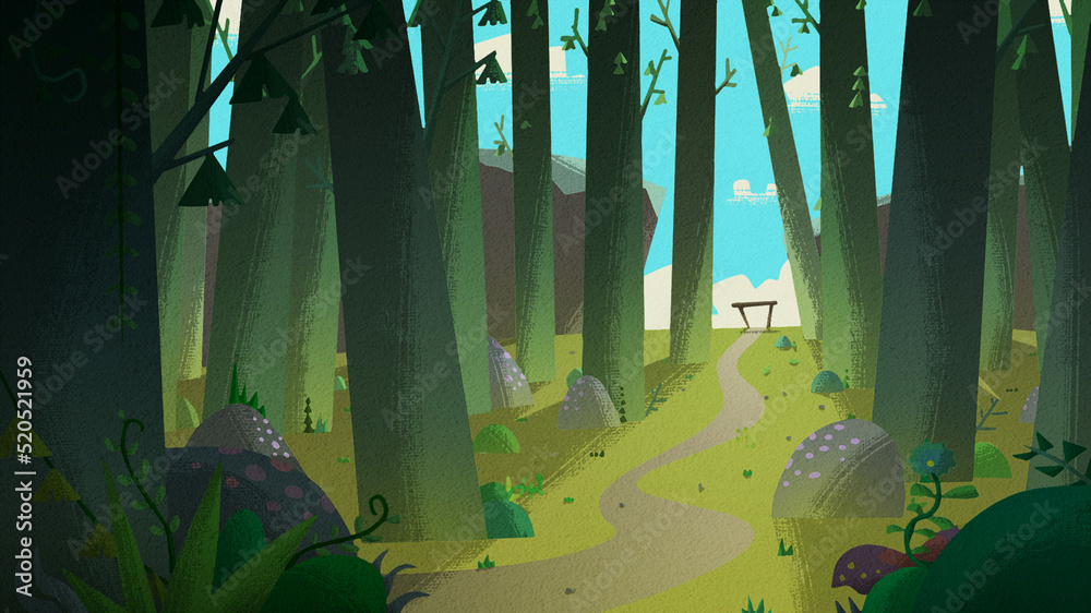 photoshop illustration of a Cartoon jungle with trees around and a road ...