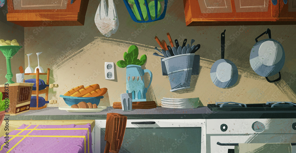 cartoonish kitchen background with window in lest and chair Stock Photo ...