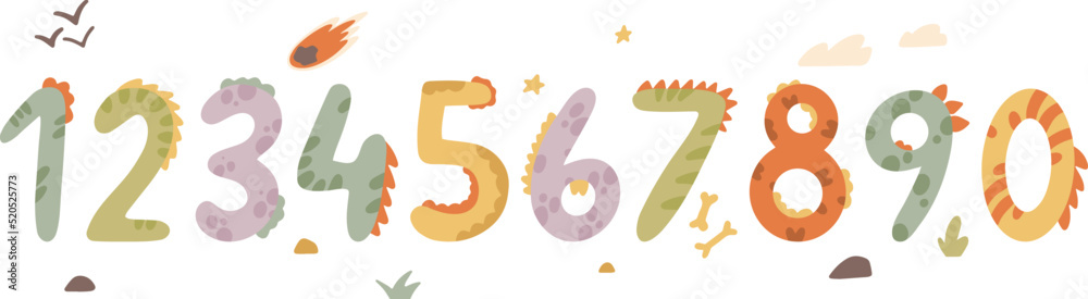 Cute baby dinosaurs numbers. Hand drawn vector kids design for nursery ...