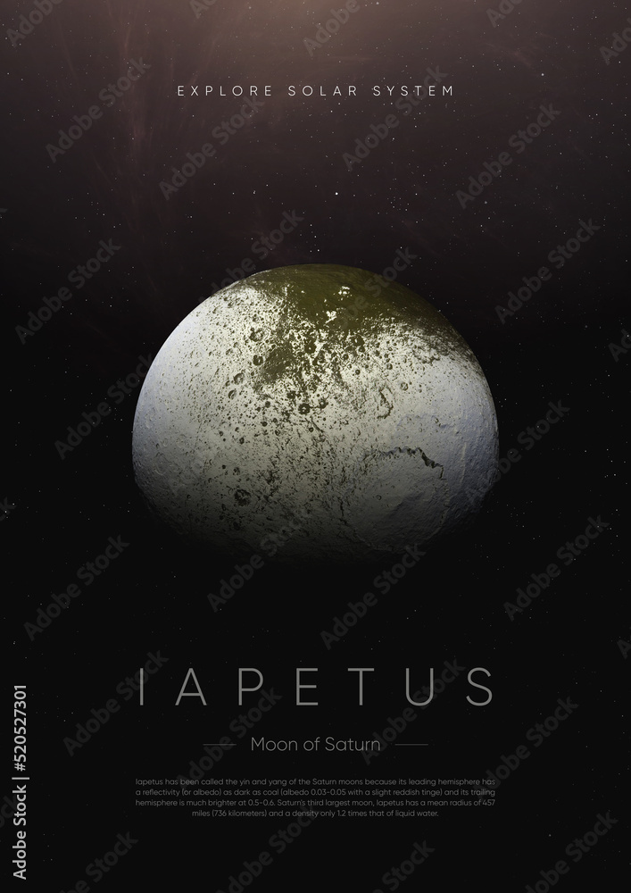Lapetus moon of Saturn. 3D illustration poster. Stock Illustration ...