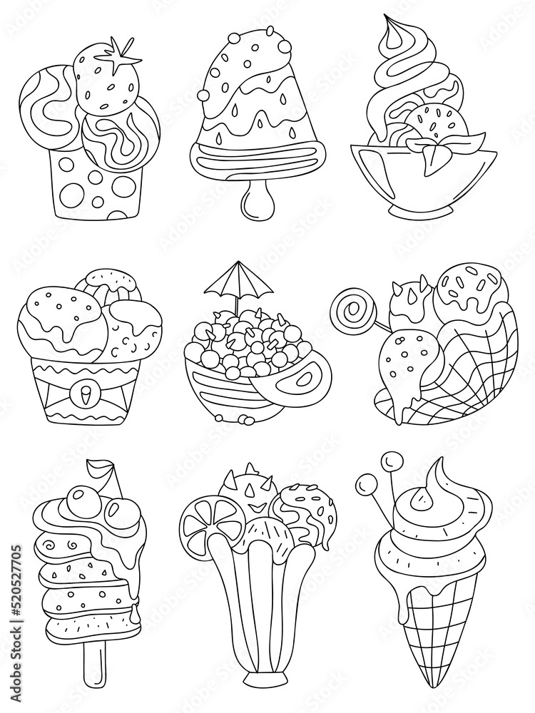 Cute doodle ice cream. Hand drawn cold desert set. Bowl, waffle cone ...