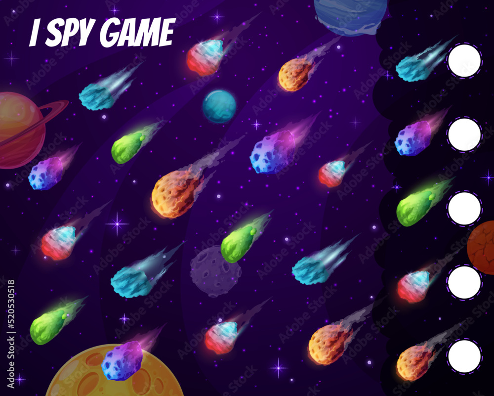 I spy game worksheet with space comets, asteroids and meteors. Kids ...
