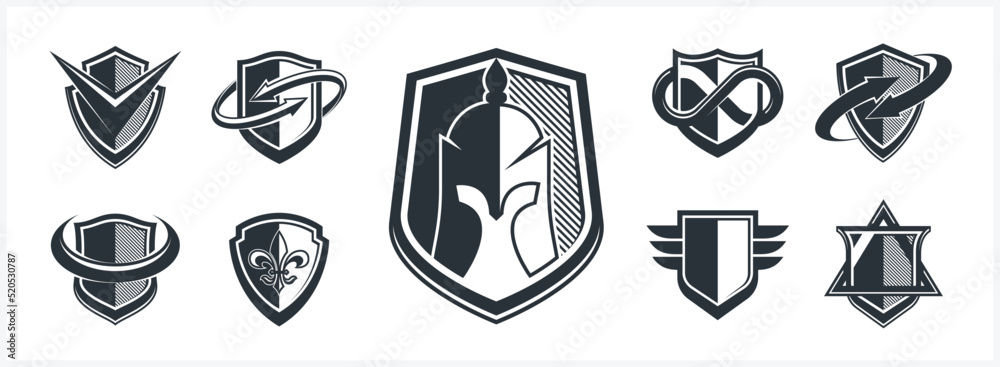 Classic shields shapes set with different additional elements vector ...