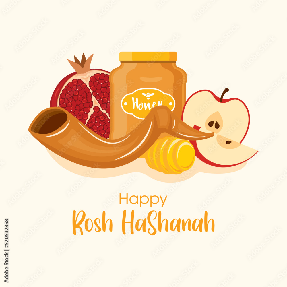Happy Rosh Hashanah poster with shofar, fruit and honey vector. Shofar ...