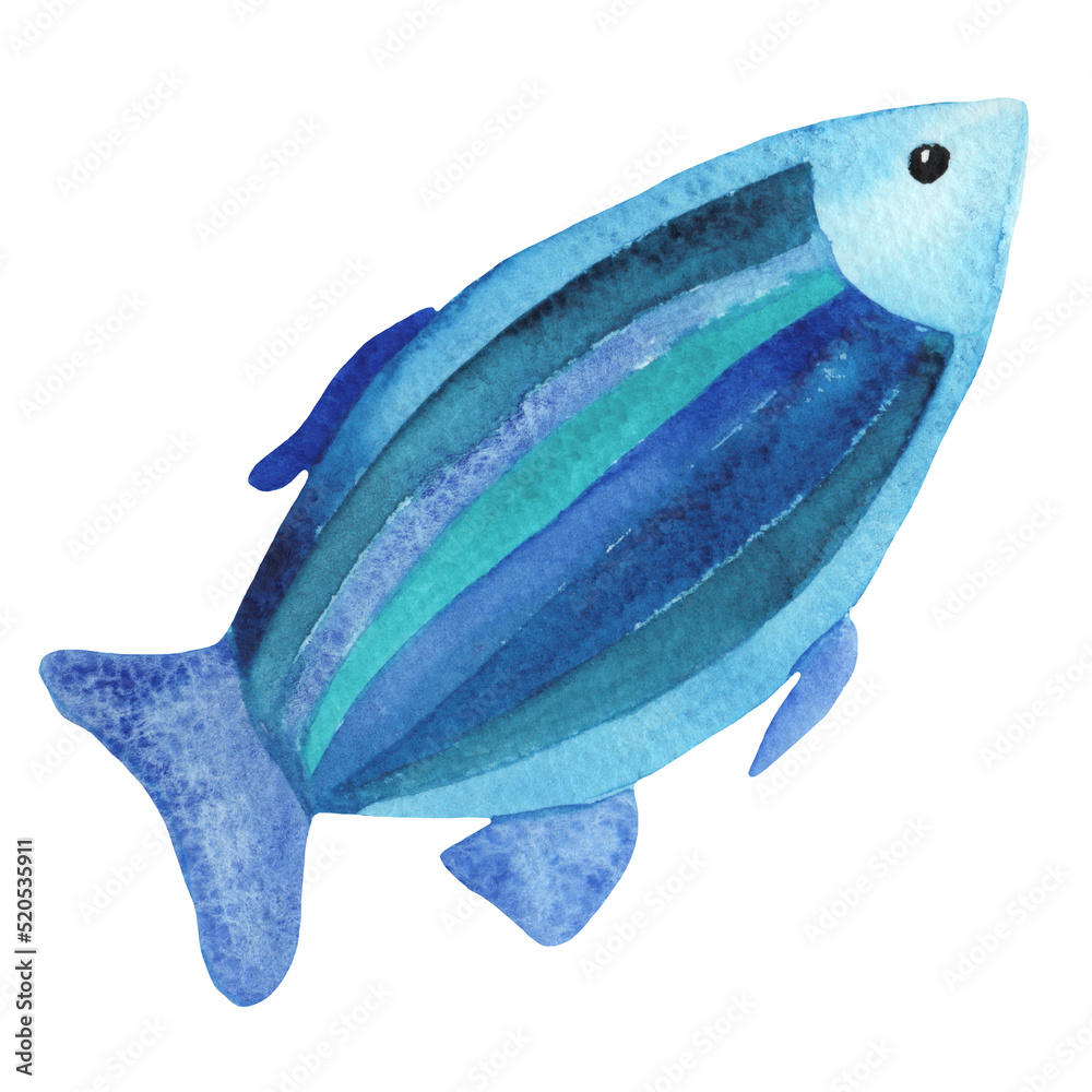 Watercolor hand-drawn illustration of blue fishes on white isolated ...
