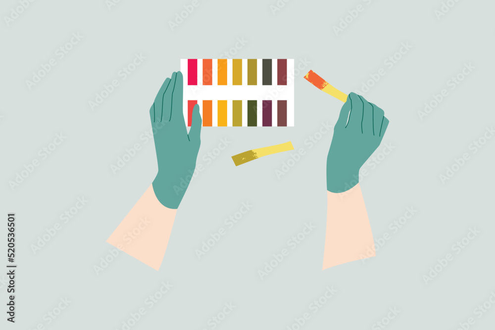 Reagent test strips. Scientist's hand in glove holding test strip ...