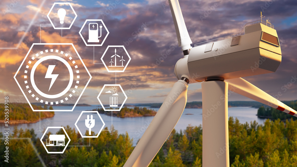 Wind mill drone view. Offshore wind power station. Fragment of digital ...