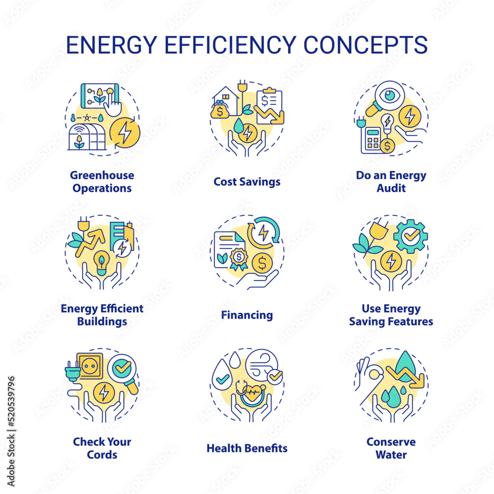 Energy efficiency concept icons set. Electricity and power conservation ...