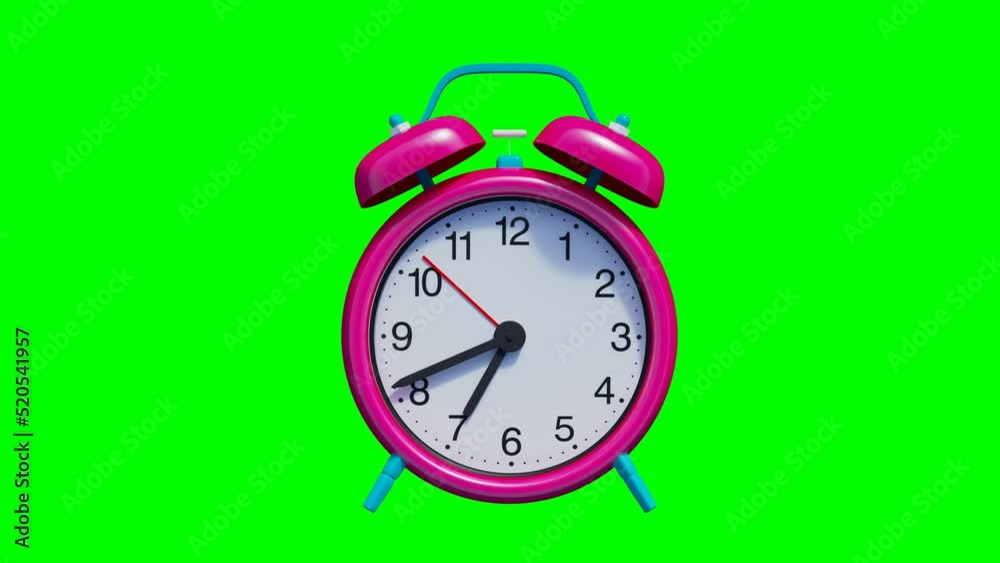 4K close-up 3D pink alarm clock with green background, alpha channel ...