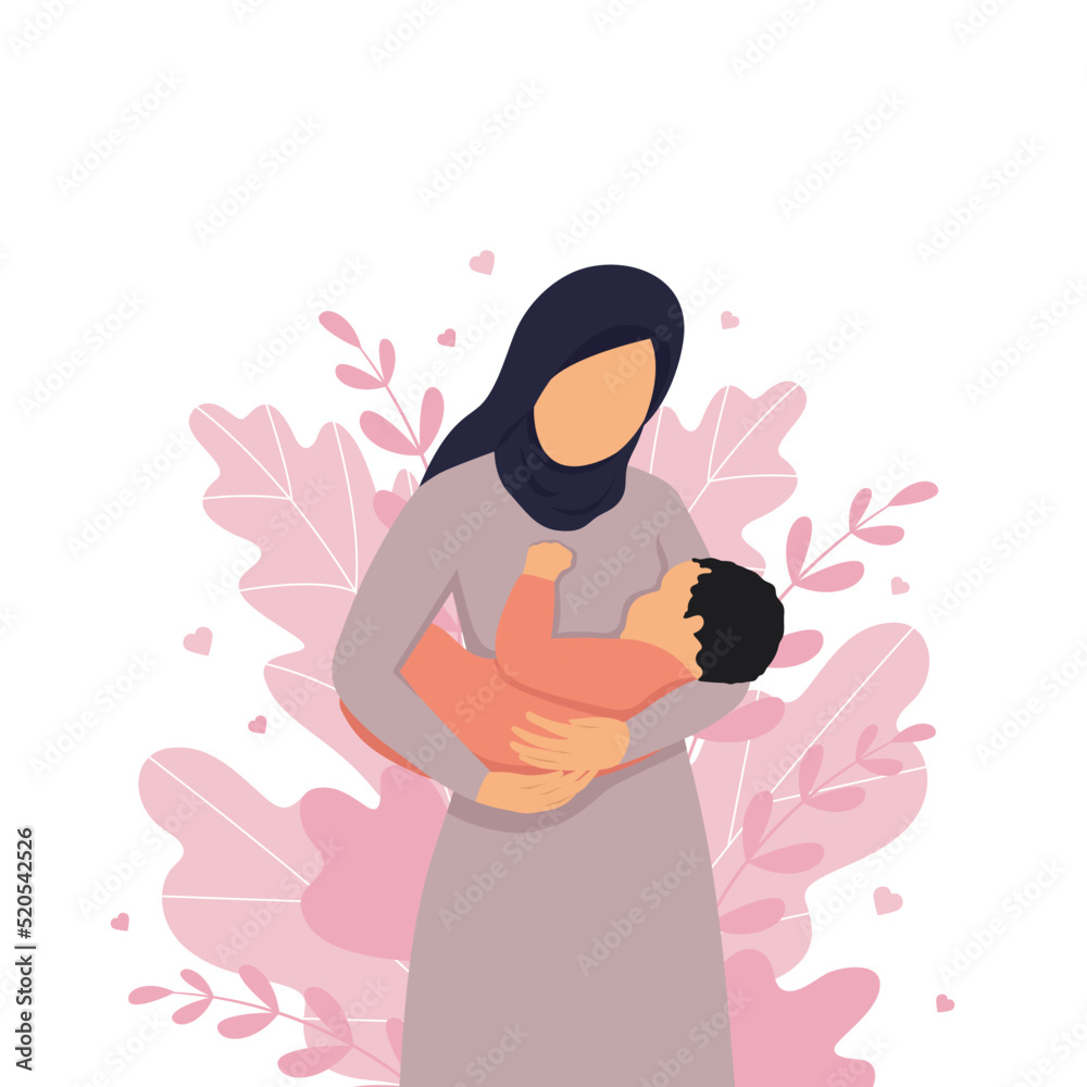Illustration of breastfeeding, a mother in a hijab breast-feeds her ...