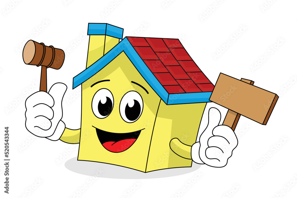 Cartoon House Mascot Character Holding Hammer and for Sale Board Stock ...