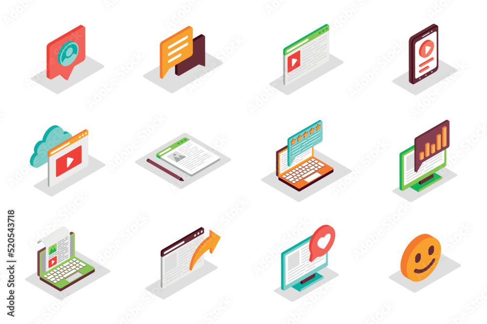 Blog concept 3d isometric icons set. Bundle elements of profile in ...