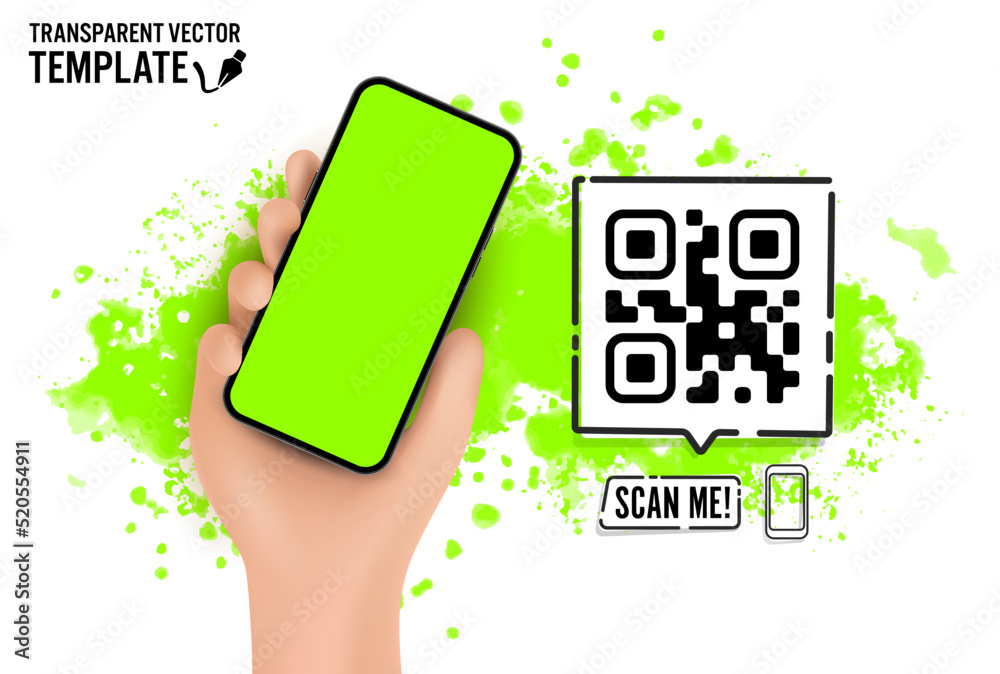 Vector cartoon hand holding the black smartphone with a QR code scanner ...