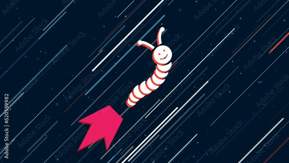 Caterpillar symbol flies through the universe on a jet propulsion. The ...