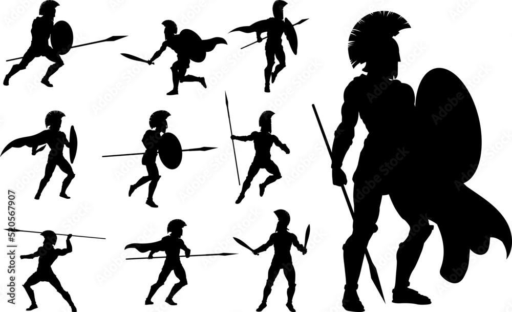 Spartan Silhouette Gladiator Trojan Warrior Set Stock Vector | Adobe Stock
