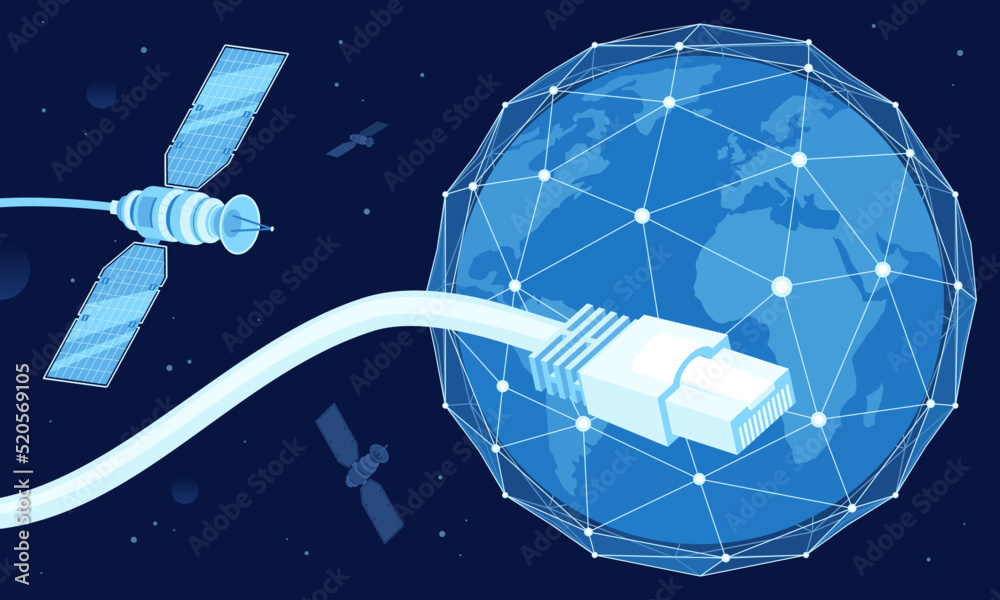 Global satellite internet, flat vector illustration and Earth in space ...