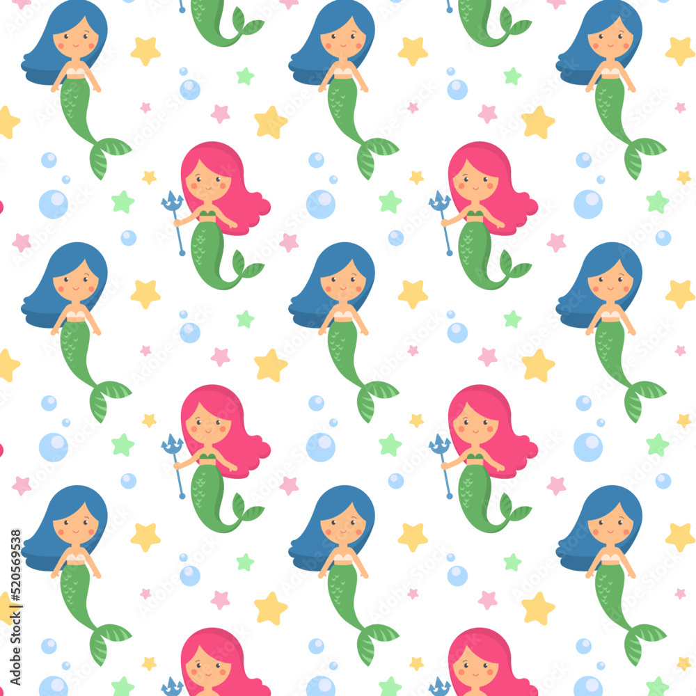Cute cartoon mermaid seamless pattern. Pretty girls with pink and blue ...