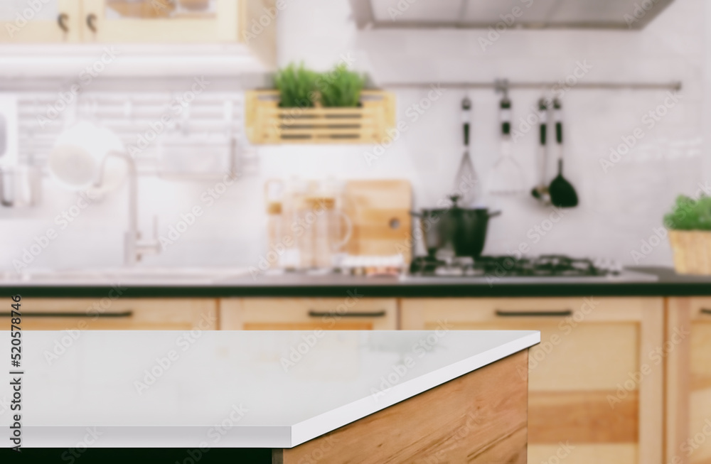 White marble texture table top on blurred kitchen background for ...