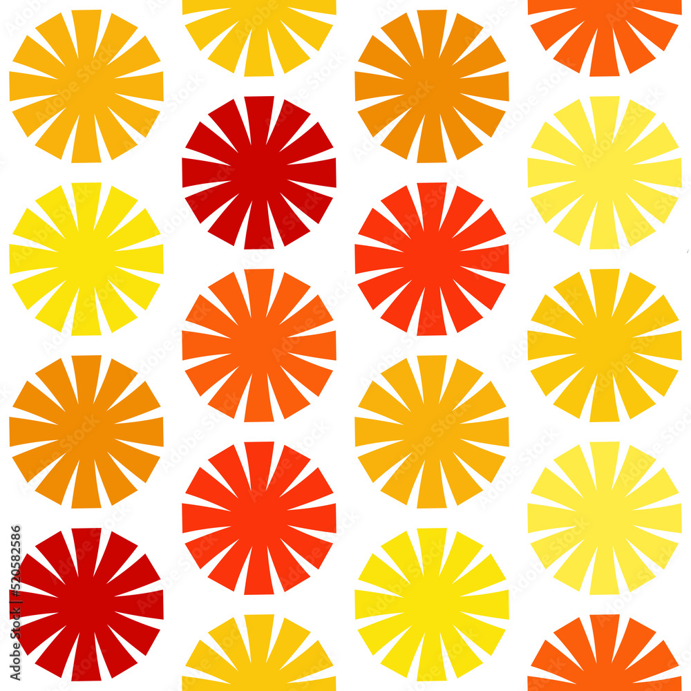 Colorful seamless repeat pattern. Whimsical style, odd sun shapes with ...