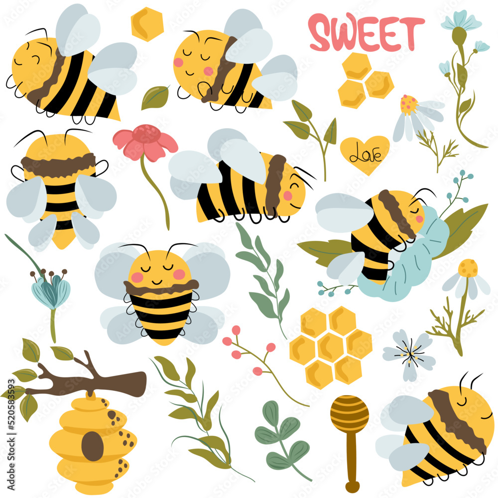 Big honey set, cute bee, wildflowers, honeycomb, green leaves. Cartoon ...