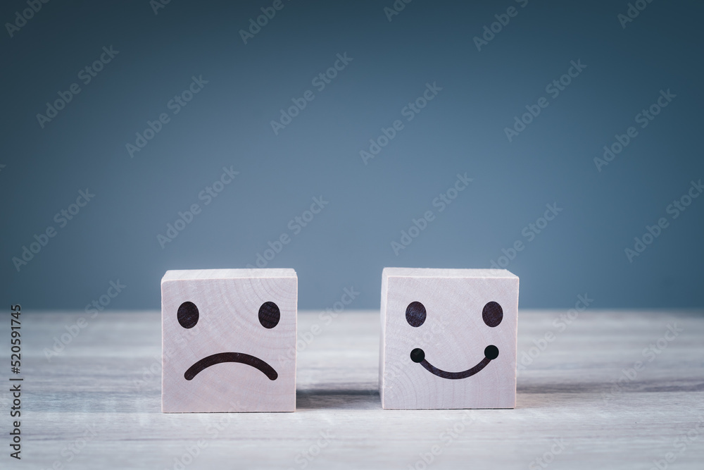 wood cube happyness and sad face icon. Service rating, ranking ...