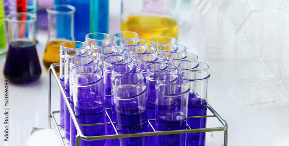 Research laboratory work table with material for chemical experiments ...