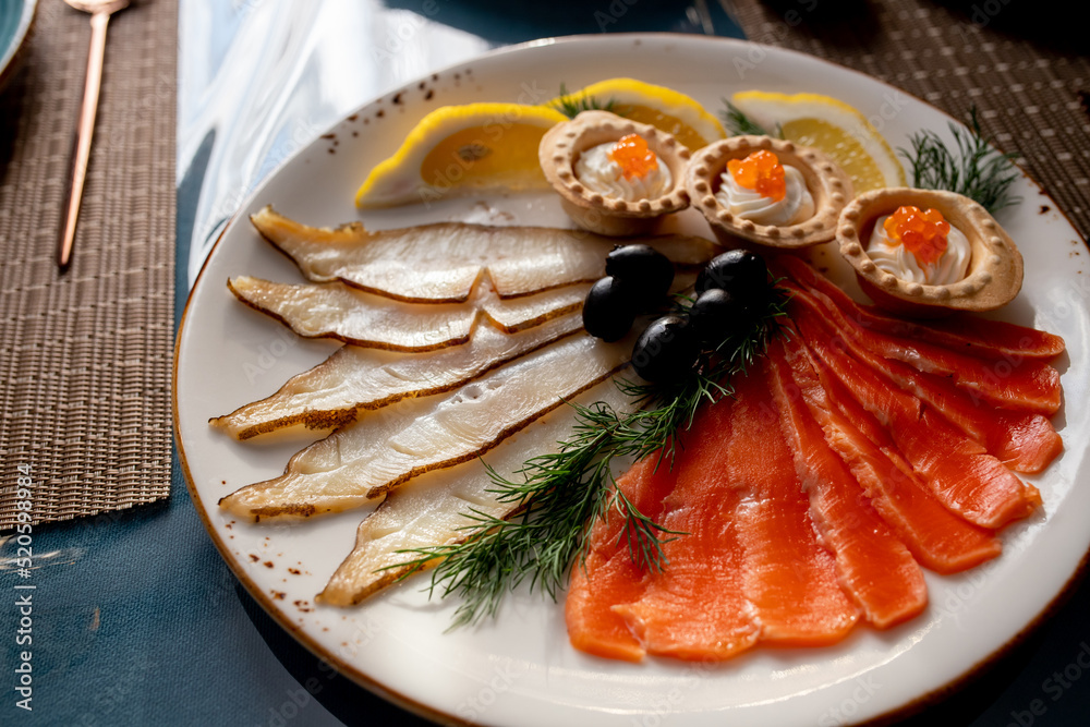 delicious beautiful plate with fish platter in the restaurant ...