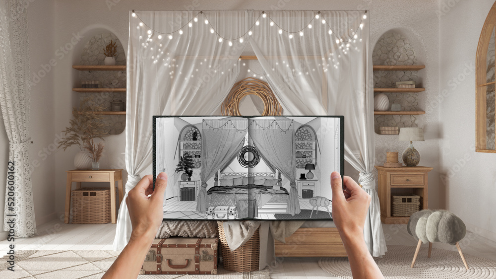 Hands holding notepad with wooden bedroom design blueprint sketch or ...