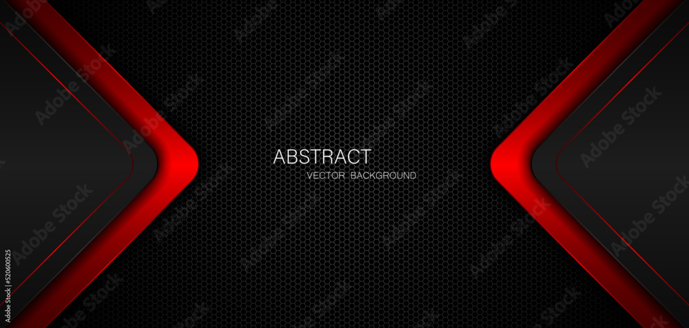Abstract black and red polygons overlaid on dark steel mesh background ...