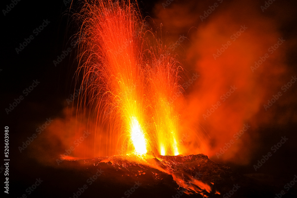 Lava bombs erupt from multiple vents on this volcano, active for at ...